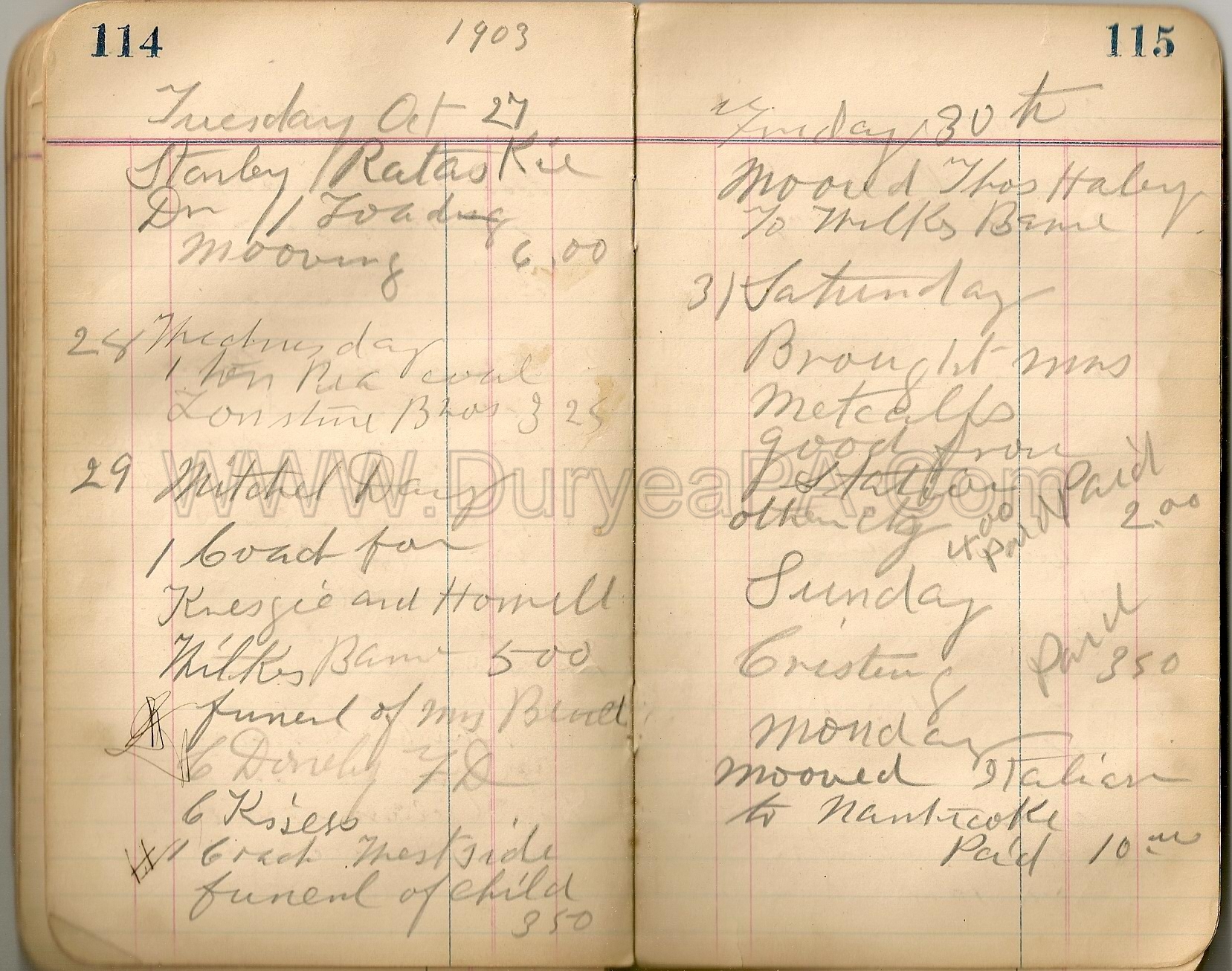 PA Duryea 1903 Dills Funeral Record Book