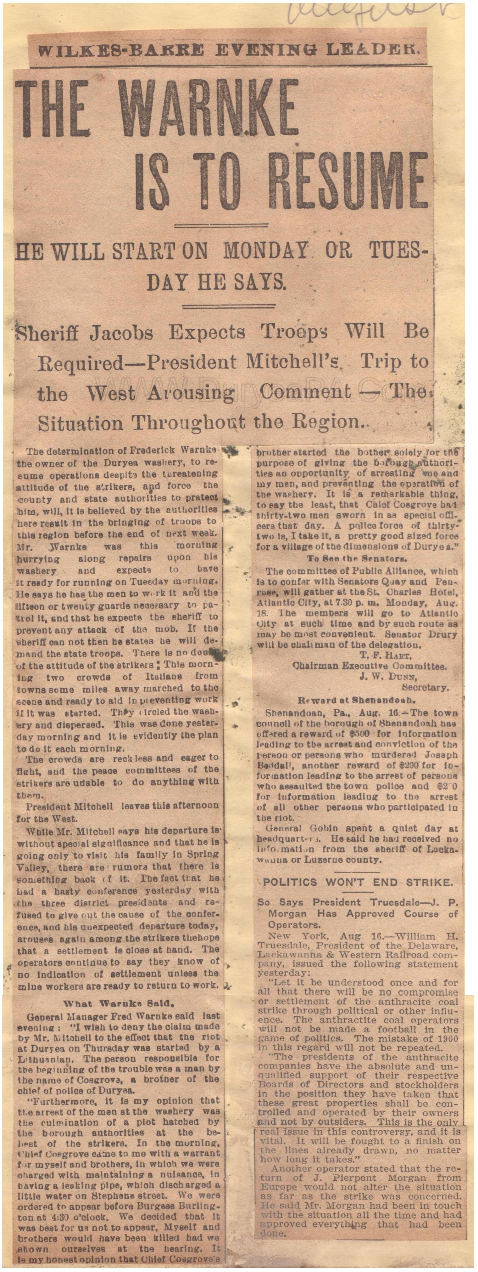 Duryea Pennsylvania Historical Homepage 1902 Warnke Strike Riot